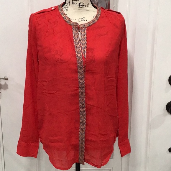 Mango | Tops | Mng Blouson Martina Red Embroidered Blouse Crew Neck ...